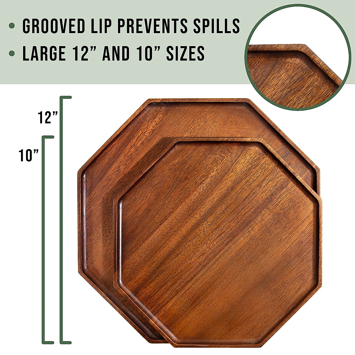 Acacia Wood Serving Trays - Set of 2 (12-Inch and 10-Inch Plates) Wooden Home Decor Platters for Fruit, Vegetables, Appetizer Serving Tray, Food, Cheese Board, Small Charcuterie, Party Entertaining