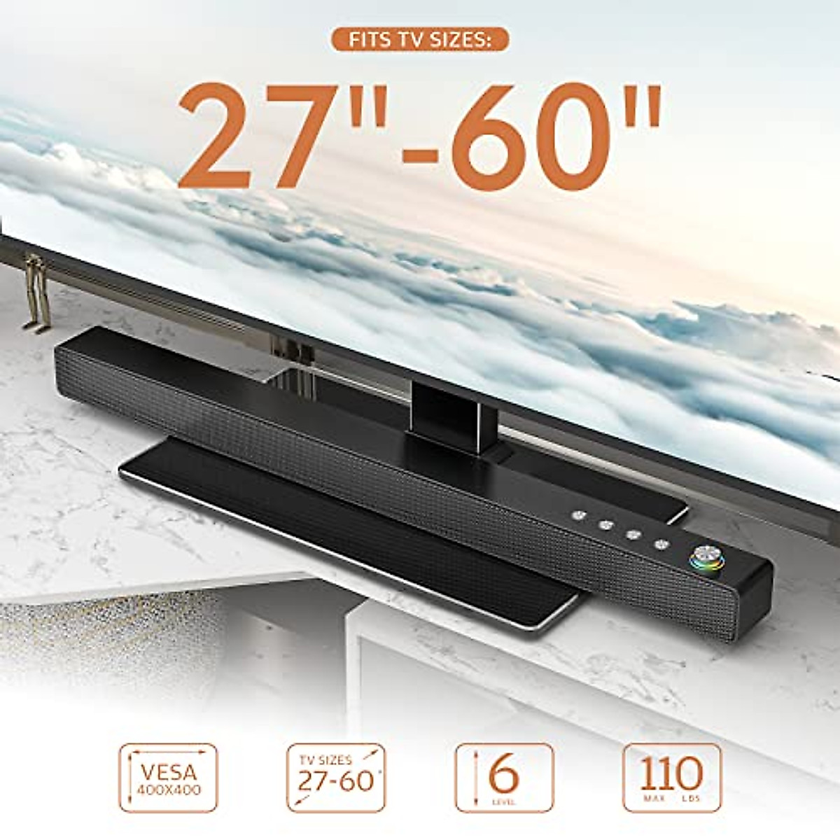 Universal TV Stand - Table Top TV Stand for 27-60 inch LCD LED TVs - 6 Level Height Adjustable TV Base Stand with Tempered Glass Base & Wire Management, VESA 400x400mm