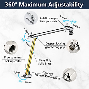 PDPBath Shower Extension Arm, 16" Upgrade Solid Brass Shower Head Shower Head Extender, Adjustable Height Extended with G1/2 Universal Connection for Rain & Handheld Shower Head - Chrome