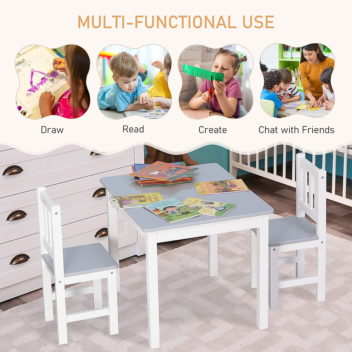 Qaba Kids 3 Piece Table and Chair Set Ideal for Arts, Meals, Lightweight Wooden Homework Activity Center, Toddlers Age 3+, Grey
