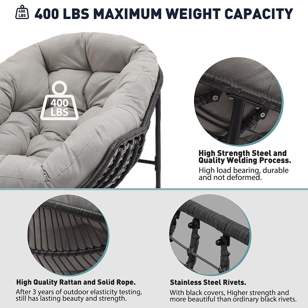 ZJEYEJZ Indoor & Outdoor Rocking Chair, Oversized Rattan Royal Rocking Chair with Padded Cushion, Rocker Egg Chair for Living Room, Patio, Front Porch, Backyard, Grey