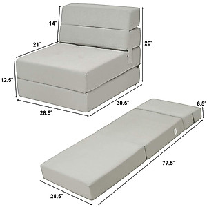 S AFSTAR Triple Fold Down Sofa Bed, Convertible Tri-Fold Floor Couch, Modern Upholstered Guest Sleeper Chair for Living Room Bedroom, Upholstered Guest Chaise Lounge (Gray)