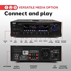 Pyle Home 300W Digital Stereo Receiver System - AM/FM Qtz. Tuner, USB/SD Card MP3 Player & Subwoofer Control, A/B Speaker, IPhone MP3 Input with Karaoke, Cable & Remote - PT270AIU