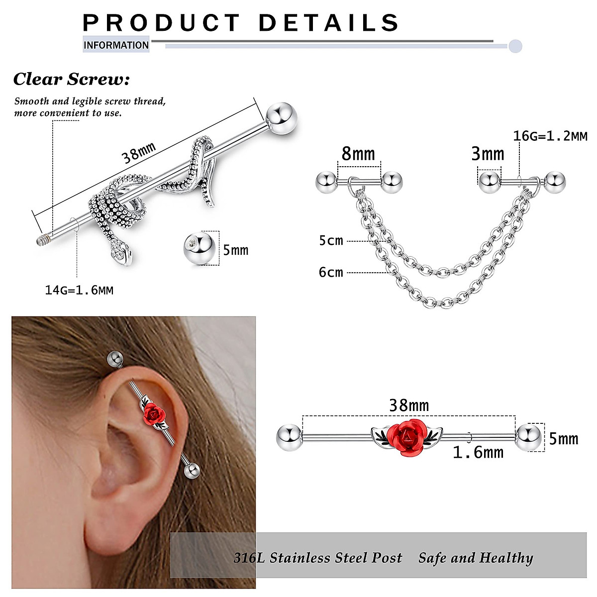 Drperfect Industrial Piercing Jewelry 14G 16G Stainless Steel Cartilage Helix Tragus Conch Earrings for Women Industrial Earrings Chain Cartilage Ear Piercing Jewelry Set