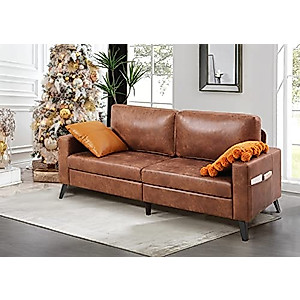 YODOLLA Leather Sofa Couch, Faux Leather Couch 79" Wide, Mid Century Modern Couches for Living Room, Brown Leather Sofa Couch, Saddle Brown