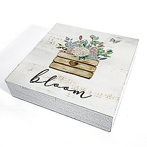 Bloom Wood Box Sign Home Decor Rustic Spring Flowers Bloom Wooden Box Sign Block Plaque for Wall Tabletop Desk Home Decoration