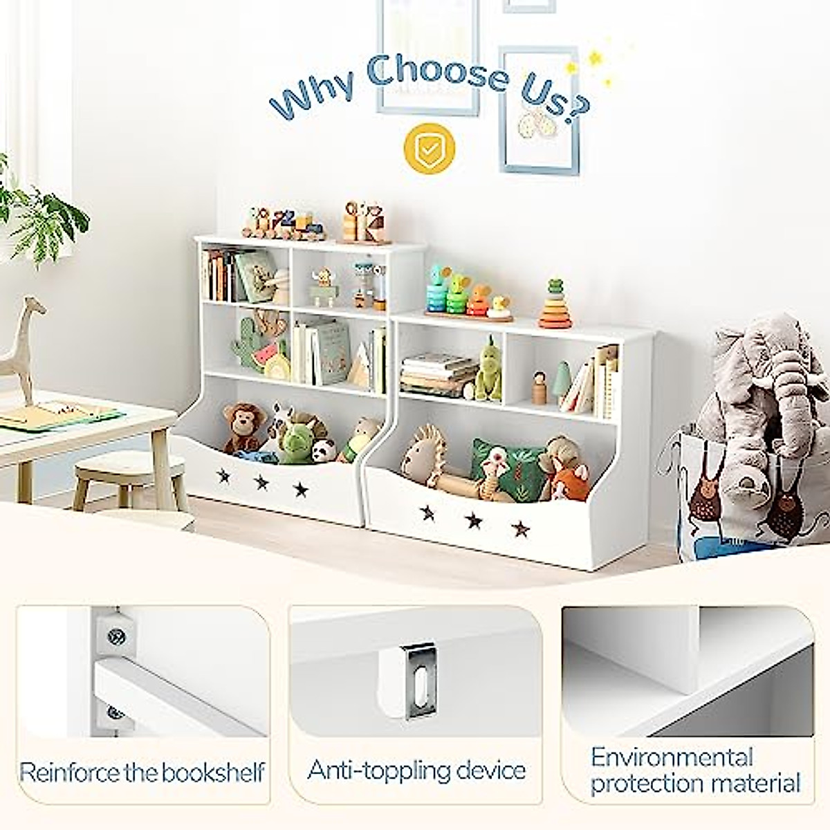 Curipeer Kids Bookshelf, 3-Shelf Storage Bookcase,Large Wooden Open Book Shelf with 5 Cube Units, Star Pattern Toy Organizer and Storage Cabinet for Playing Room, Nursery, Baby's Bedroom, White