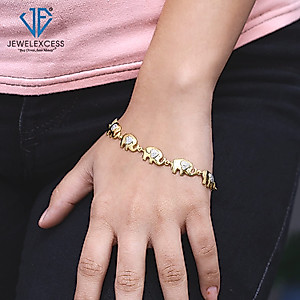 JEWELEXCESS Elephant Bracelet 14k Gold Plated Bracelet – Genuine White Diamond Bracelet 14k Gold Over Silver Elephant Jewelry for Women – Hypoallergenic Elephant Bracelets for Women