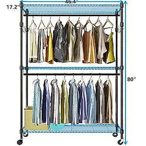 Himimi Heavy Duty Rolling Garment Rack 3 Tier Wire Shelving Clothes Rack for Clothing,Storage with Double Rods,Lockable Wheels and Side Hooks,Freestanding Metal Wardrobe Storage Rack,Black
