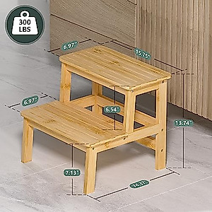 Domax Bamboo Wooden Step Stools for Kids - Toddler Step Stool for Bathroom Sink High Bed Toilet Kitchen Helper Wood Step Stool for Bedside for Adults Non-Slip Waterproof 2 Stepping Stool, Natural