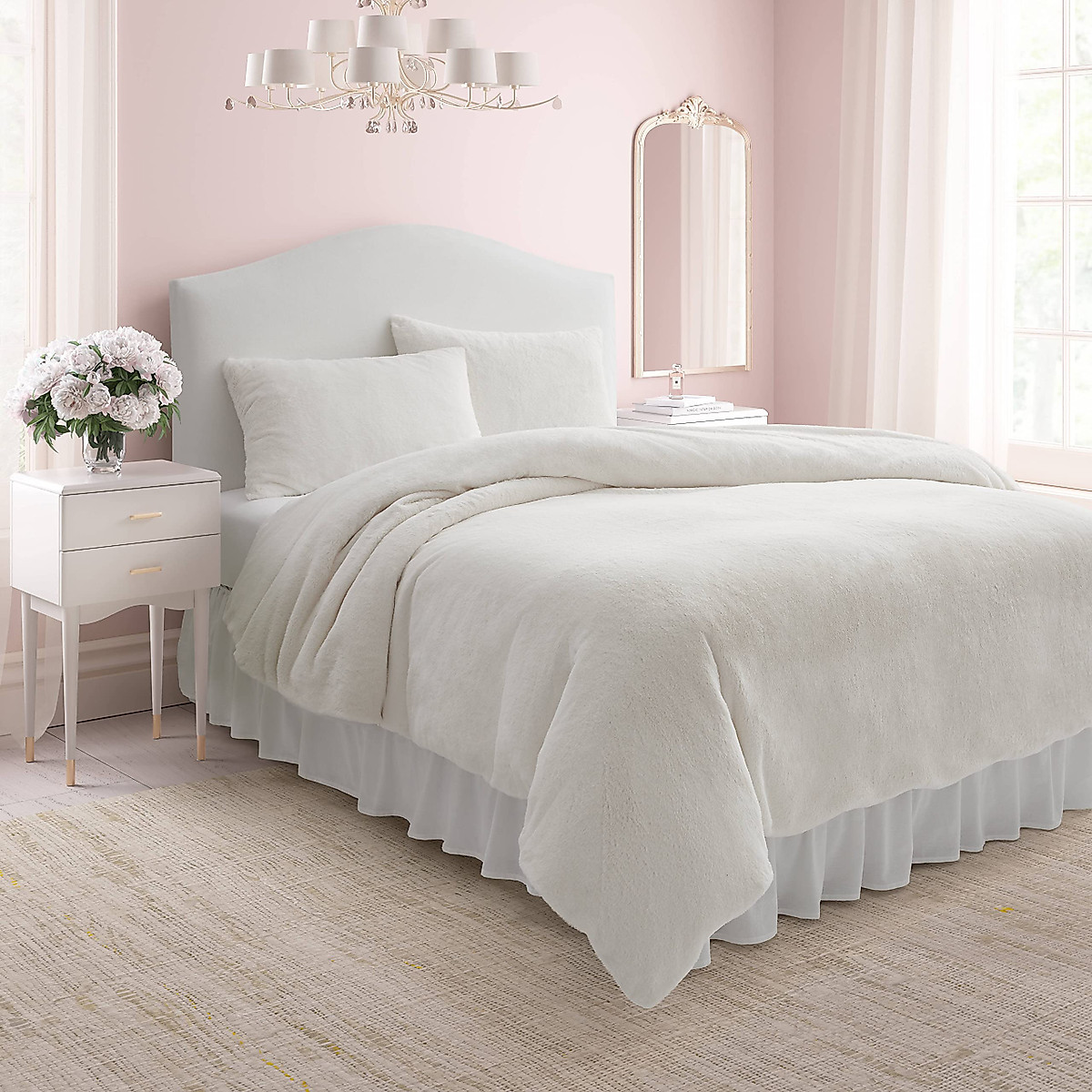 Laura Ashley- Queen Duvet Cover Set, Faux Fur Bedding Set, Ultra Cozy Home Decor (Solid Ivory, Queen)