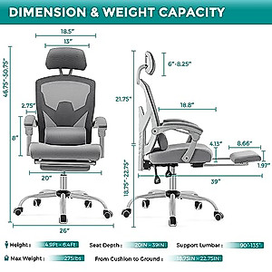 OLIXIS Gaming Ergonomic Foot Rest Reclining, High Back Mesh Home Office Computer Desk Chair with Wheels, Adjustable Headrest, Grey