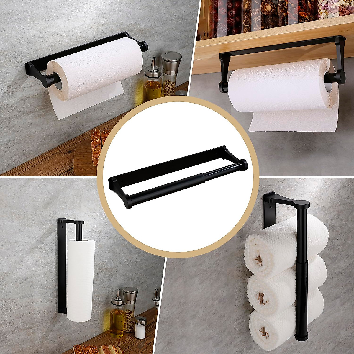 Under Cabinet Paper Towel Holder with Telescopic Rod, Mounts Easily with Adhesive or Screws, Fits Standard Rolls