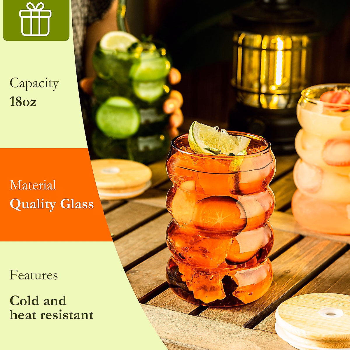 KEMORELA Vibrant 4-Piece Colorful Drinking Glasses Set - 18oz Glassware for Iced Coffee, Water, Mixed Drinks | Includes Lid, Glass Straw, and Cleaning Brushes | Ribbed Design (4PCS-Colorful)