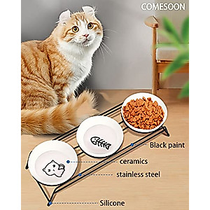 3 Cat Food Bowls Ceramic 13 oz Upgraded with Stainless Steel Stand Non-Slip and Anti-Rust Elevated Raised Cat Bowls for Food and Water, Pet Dishes Bowl for Indoor Cats and Puppy, Dishwasher Safe