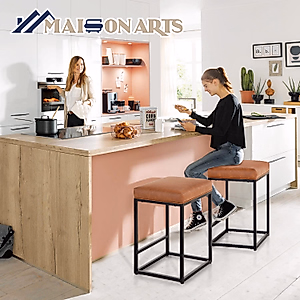 MAISON ARTS Counter Height Bar Stools Set of 3 for Kitchen Counter 24 Inch Backless Modern Barstools Industrial Upholstered Faux Leather Stools Farmhouse Island Chairs, Brown