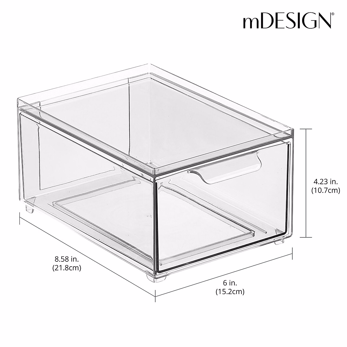 mDesign Stackable Storage Containers Box with Pull-Out Drawer - Stacking Plastic Drawers Bins for Kitchen Pantry and Cupboard, Cabinet, Counter, Island and Tables - Lumiere Collection - 2 Pack - Clear