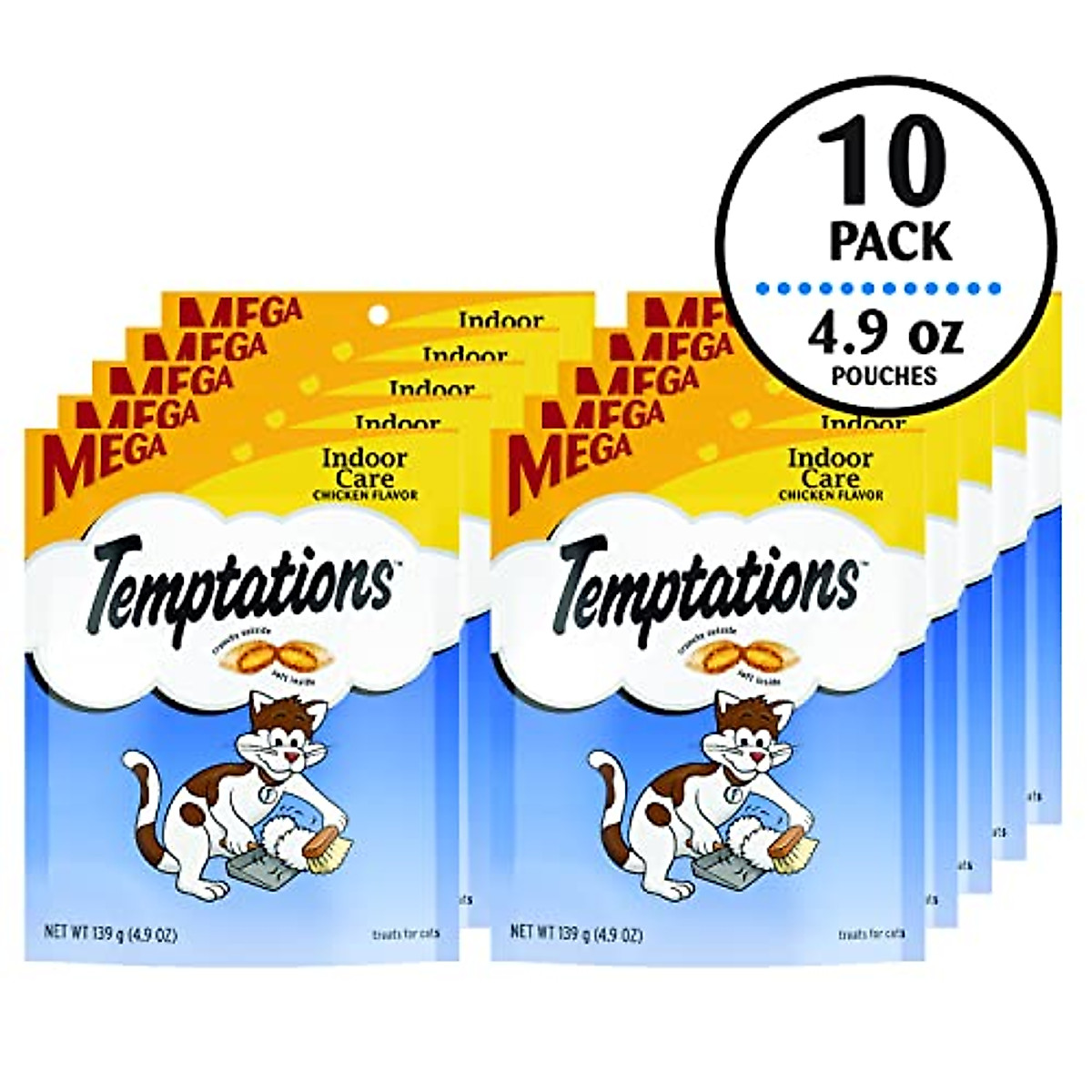 TEMPTATIONS Indoor Care Crunchy and Soft Cat Treats, Chicken Flavor, 4.9 oz. Pouch (Pack of 10)