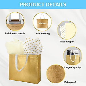 18pcs Gold Gift Bags with Tissue Paper, Shiny Gift Bags Large Size with Handles, Glossy Reusable Gift Bags for presents, Glitter Party Bag for Wedding Birthday Shower Christmas 12.7 x 4.7x11 inches
