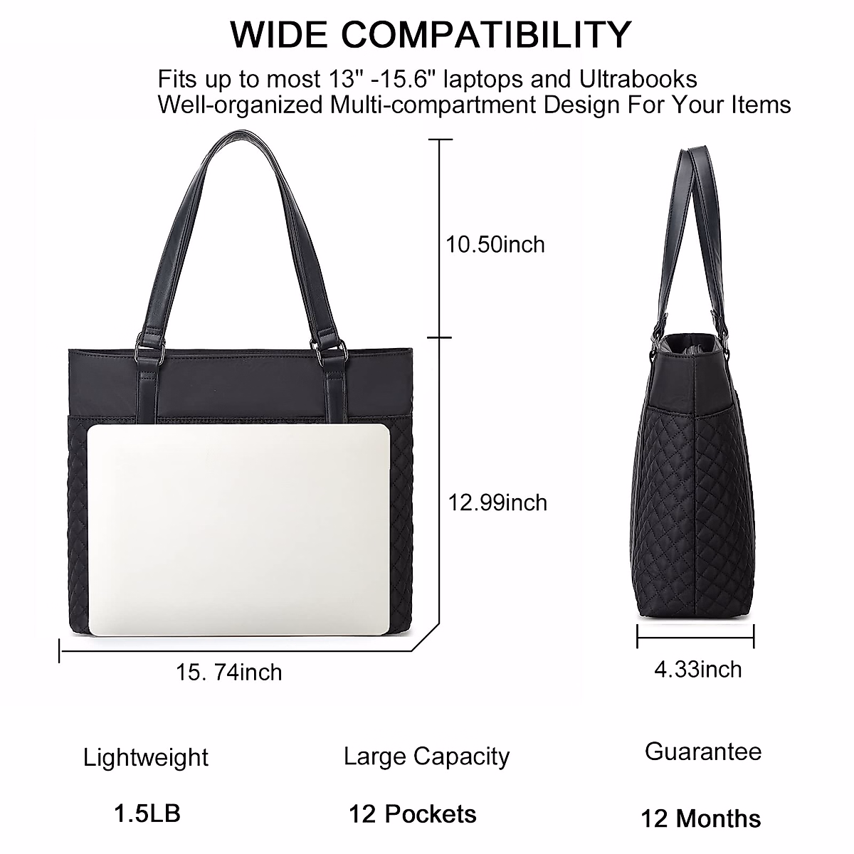 Women Laptop Tote Bag for Work Quilted Teacher Handbag Purse Shoulder Messenger Bag Lightweight Laptop Bag for 15.6 Inch