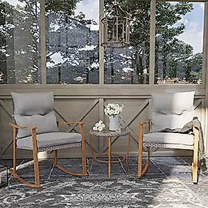 AQUILLA 3 Pieces Rocking Chairs Table, 350lb Capacity Outdoor Patio Furniture Set Woodgrain w Grey Cushions and Round Glass Top Desk for Garden, Porch, Backyard