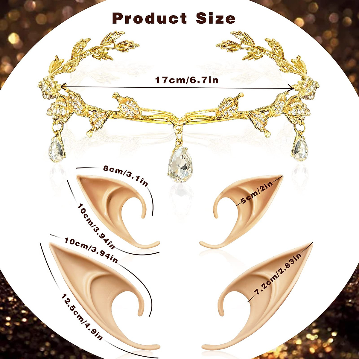 Rhinestone Leaf Wedding Tiara Headband with Fairy Elf Ears,Dress Up Costume Masquerade Accessories-1 Rose Gold Fairy Crown Headband+2 Pairs Cosplay Fairy Pixie Elf Ears for Halloween,Christmas,Wedding,Prom