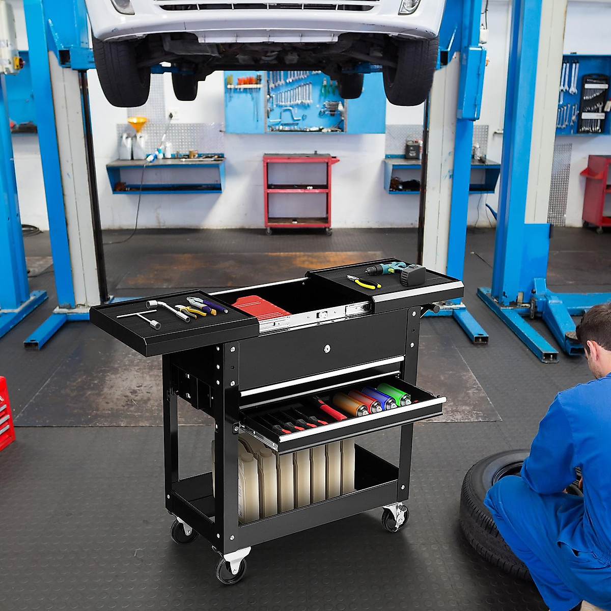 ERGOMASTER Utility Service Cart Tool on Wheels Heavy Duty Metal 4 Tiers Shelves with Drawers Tool Storage Organizer for Warehouse,Garage and Workshop