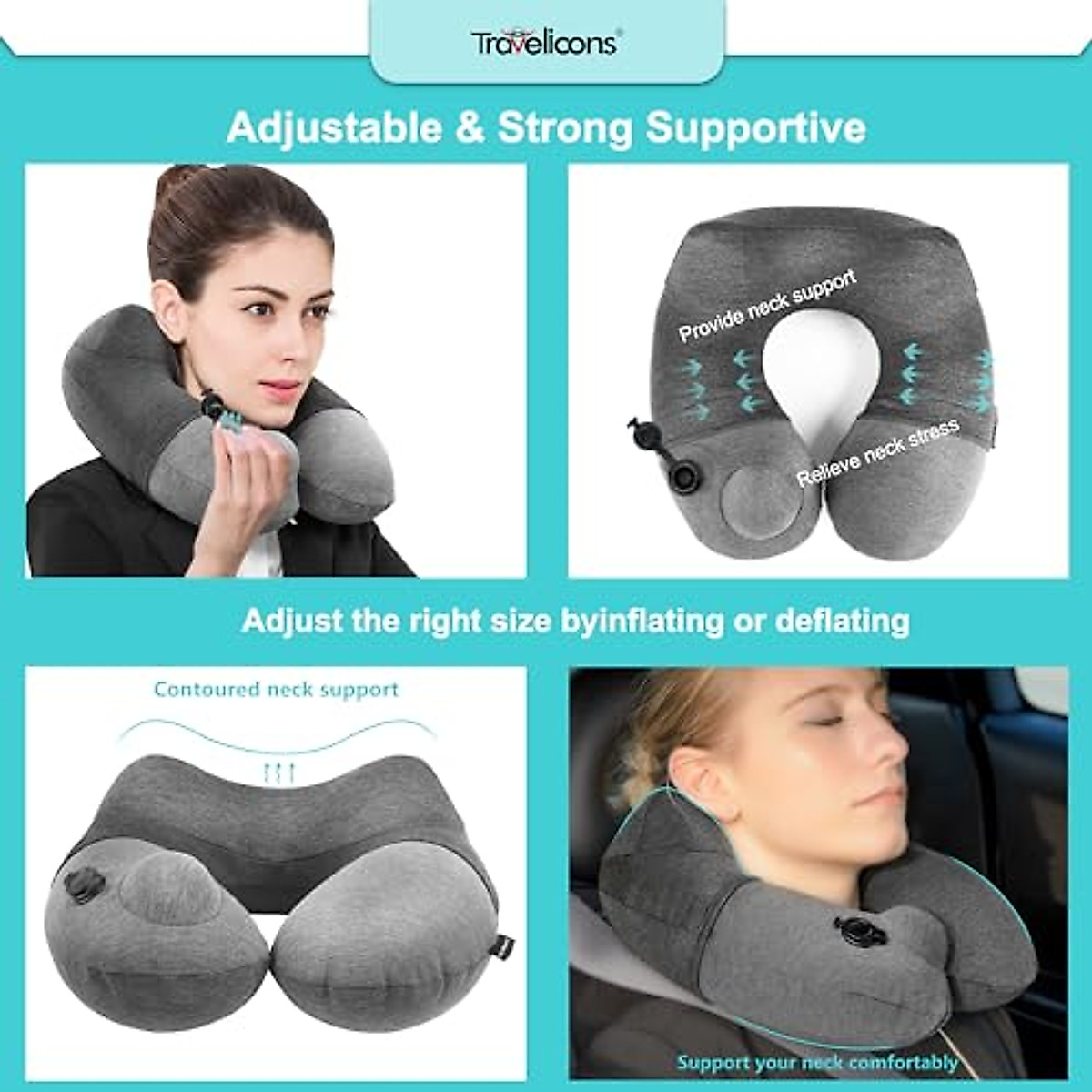 Travelicons Inflatable Travel Pillow,Neck Pillow for Traveling,Airplane Travel Pillw Improved Support Design for Car Sleeping