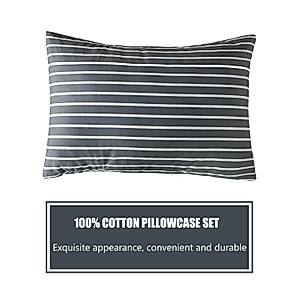 JELLYMONI 100% Natural Cotton 3pcs Striped Duvet Cover Sets, Dark Grey Duvet Cover with White Stripes Pattern Printed Comforter Cover, with Zipper Closure & Corner Ties(King Size)