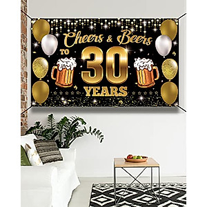 HTDZZI Cheers & Beers to 30 Years Backdrop Banner, Happy 30th Birthday Decorations for Men Women, 30th Anniversary Decor, Black Gold 30 Year Old Birthday Party Sign Poster Supplies, 6.1ft x 3.6ft