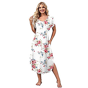 PrinStory Womens Long Nightgowns V Neck Loungewear Short Sleeve Sleepwear Casual Nightdress FP White-X-Large