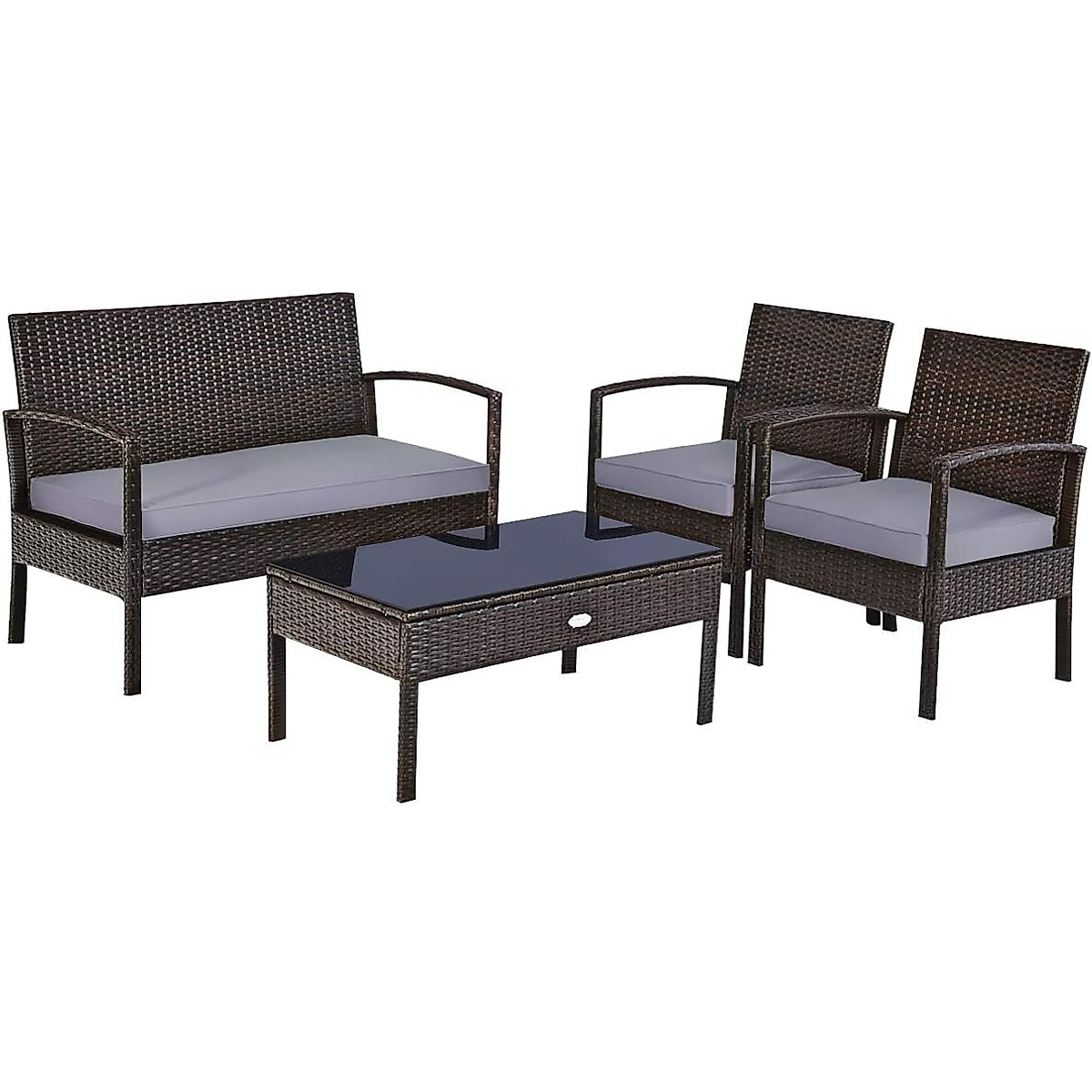 Moccha 4-Piece Patio Rattan Furniture Set, Outdoor Wicker Conversation w/ Padded Cushion & Coffee Table, Bistro Sofa Set w/ Tempered Glass Tabletop for Outdoor Indoor Patio Poolside Backyard, Brown