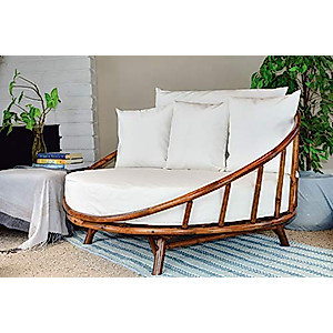 Zew Rattan Daybed Large Accent Sofa Chair Lawn Pool Garden Seating Pillows Bamboo Round Sofabed v.2021, Espresso with White Cushion