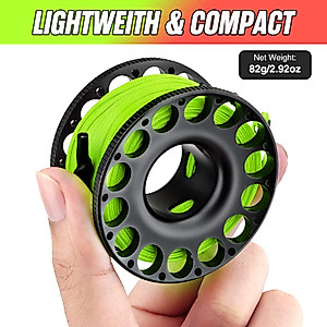 Pecihiko Scuba Diving Reel, Aluminum Alloy Wreck Cave Finger Spool with 30m/100ft High Visibility Line and Double-Ended Bolt Snap Clip Fits for Outdoor Diving Activities Fluorescent Green