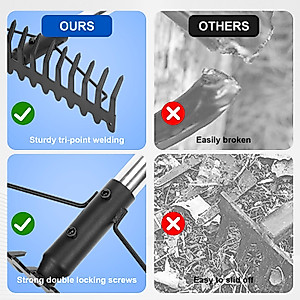 Bow Rake, Heavy Duty Garden Rake with Back-Saving Handle,17 Steel Tines Metal Head Rake Tool,for Loosening Soil Gathering Leaf Leveling Lawn Farming Land Management Yarn Thatch Rake