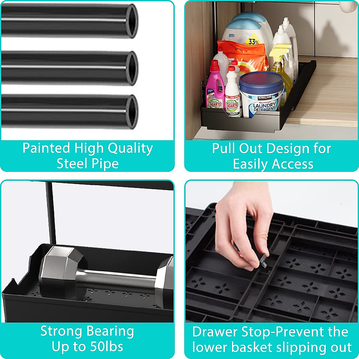 Under Sink Organizers and Storage 2 Packs, 2 Tier Pull Out Cabinet Organizer L-shaped, Sliding Under Bathroom Kitchen Sink Shelf, Multi-Purpose Organization and Storage for Bathroom Kitchen Cabinet