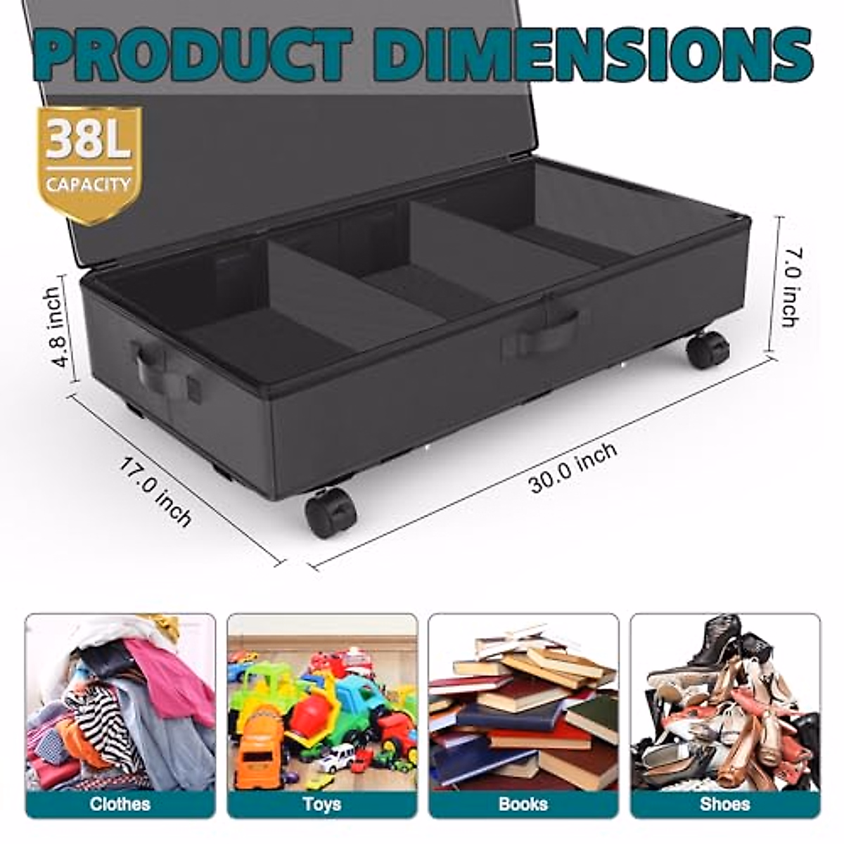 JIYINGDUO Upgraded Under Bed Storage with Wheels 2-in-1 Underbed Storage Bins Containers Label Shoe Storage Organizer Drawer Bag Solid Fabric for Bedroom Clothes Shoe Blanket (double black)
