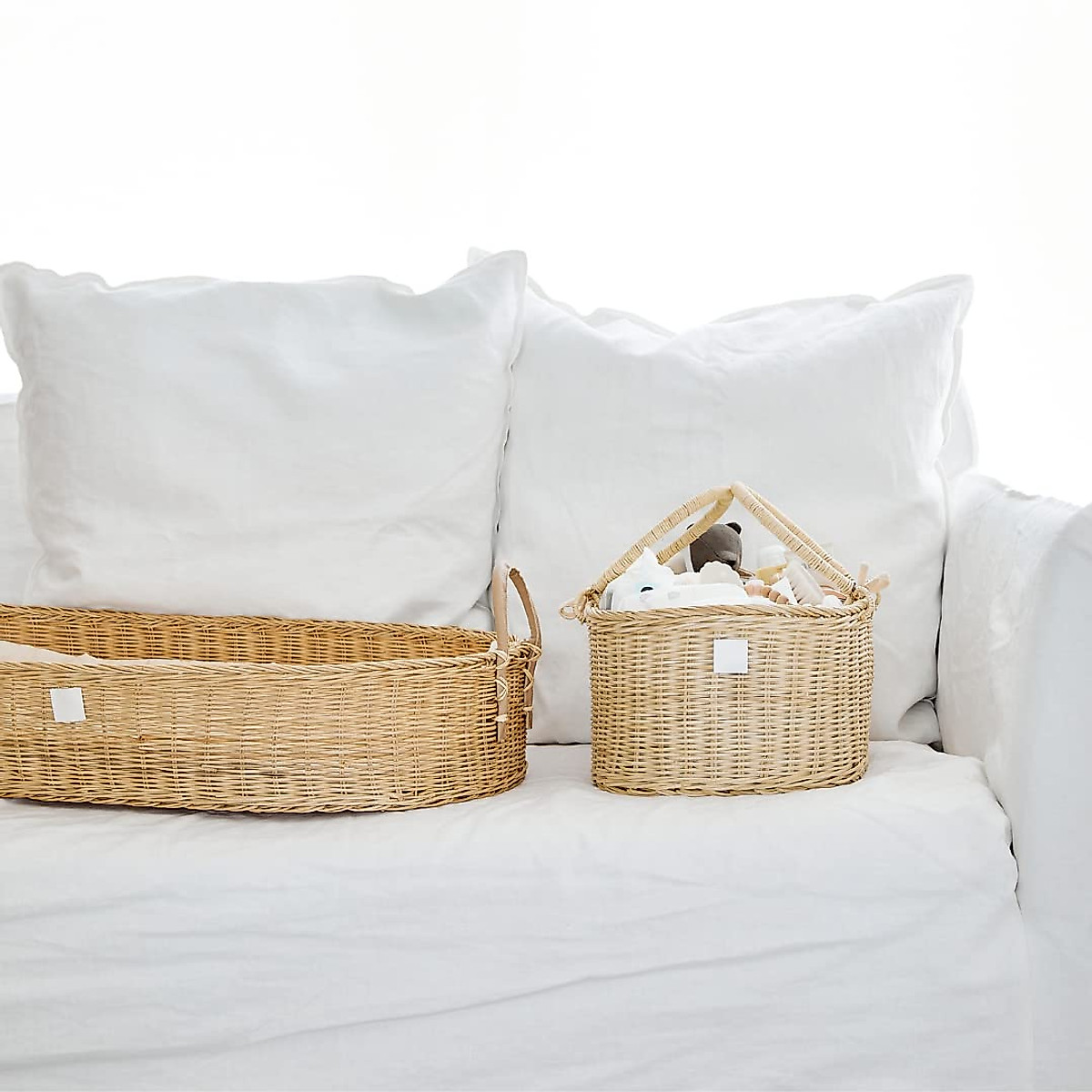 BEBE BASK Premium Baby Changing Basket - Artisan-Crafted Rattan with Extra High Sides - Wicker Changing Basket for Baby Dresser - All Accessories Included - Complete Set for Nursery (Rattan)