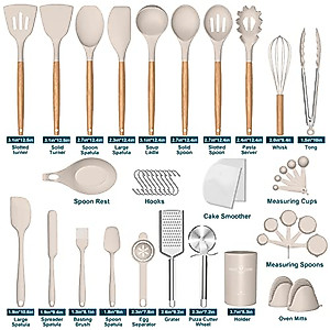 Silicone Cooking Utensils Set, 43Pcs Non-Stick Heat Resistant Kitchen Utensils Spatula Set with Wooden Handle for Baking, Cooking, and Mixing, Best Kitchen Gadgets Tools with Holder (Khaki)