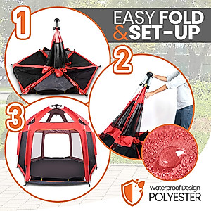 Serenelife ON-THE GO baby and Toddler pack and play - playpen - play yard compact, portable, lightweight, foldable- indoor and outdoor, w/ canopy, 5 panel Mattress, Travel bag (Red): Baby