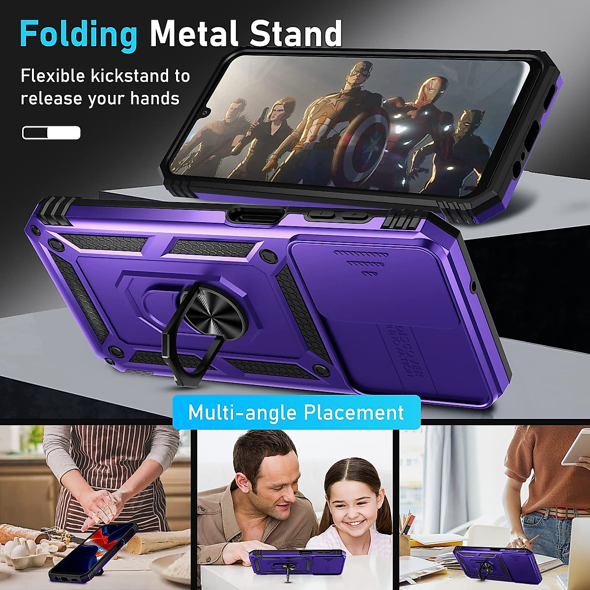 Janmitta Compatible with Samsung Galaxy A14 5G Case Built in Slide Camera Lens Cover and Screen Protector,Heavy Duty Full Body Phone Cover Built in Ring Holder Kickstand,2023 Purple