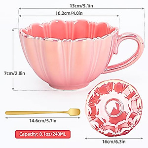 VCXOX Creative Cute Ceramic Coffee Mug with Flower Shape Saucer & Spoon Sets, Novelty Coffee Cup with Comfortable Grip for Office and Home, 8.1 oz/240 ML for Tea Latte Milk Cup (pink)