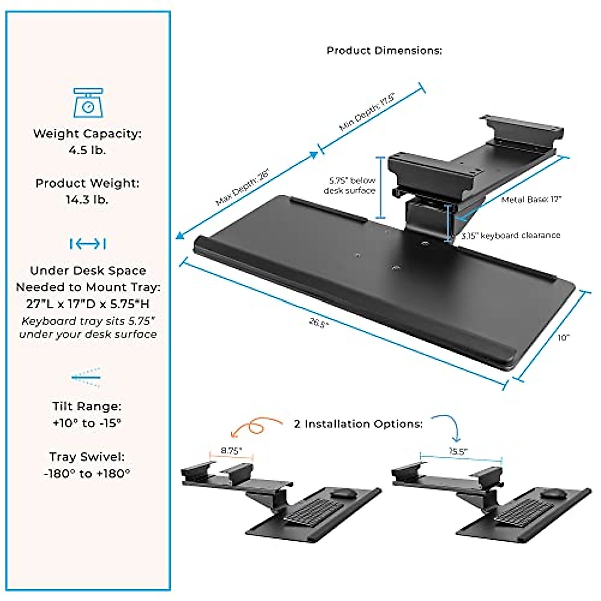 Stand Steady Under Desk Keyboard Tray | Adjustable Tilting Keyboard Shelf for Ergonomic Typing | Screw-On Under Desk Storage with Cable Clips (Tray Specs: 26.5in x 10in | Overall Specs: 26.5in x 17in)