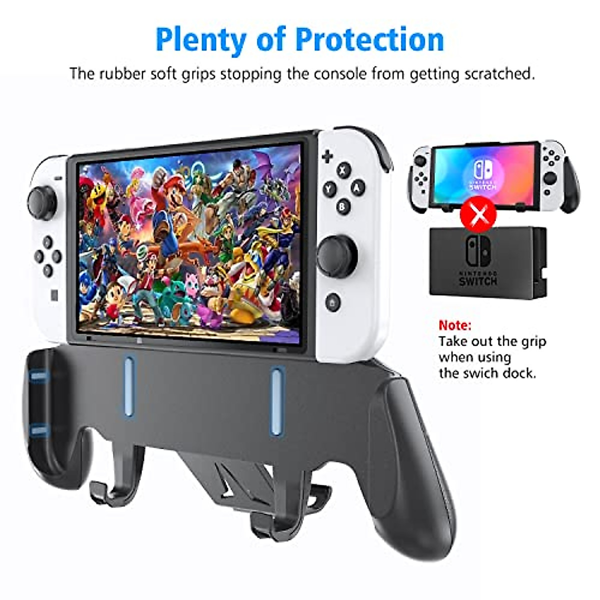 Switch Grip with Upgraded Adjustable Stand, Compatible with Nintendo Switch & OLED, OIVO Asymmetrical Grip with Adjustable Stand and 5 Game Slots-4 Thumb Caps Included