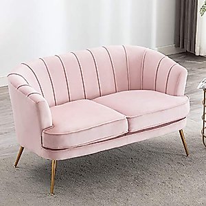 Artechworks Contemporary Velvet Loveseat Chair with Gold-Finished Metal Legs, 2-Seat Sofa for Living Room, Bedroom, Home Office, Apartment,Small Spaces, Light Pink