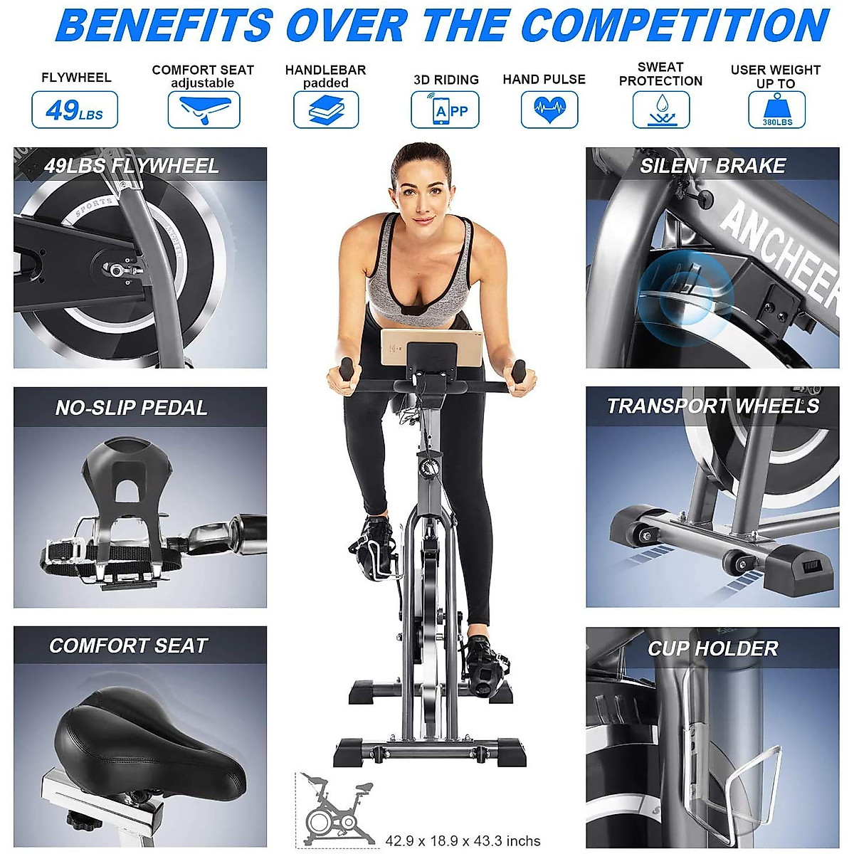 FUNMILY Exercise Bike, Indoor Cycling Bike with 49LBS Flywheel and APP Heart Rate Monitor, Adjustable Seat Handlebar, 380lbs Max Weight