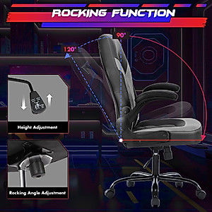 Sweetcrispy Computer Gaming Desk Chair - Ergonomic Office Executive Adjustable Swivel Task PU Leather Racing Chair with Flip-up Armrest for Adults, Kids, Men, Girls, Gamer, Black Grey