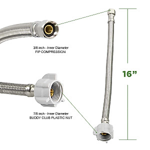 Highcraft CNCT27416-OM1 Hose Connects to Water, Braided Stainless Steel Supply Line, 3/8 Compression x 7/8 Female Balcock Nut Toilet Connector 16 Inch