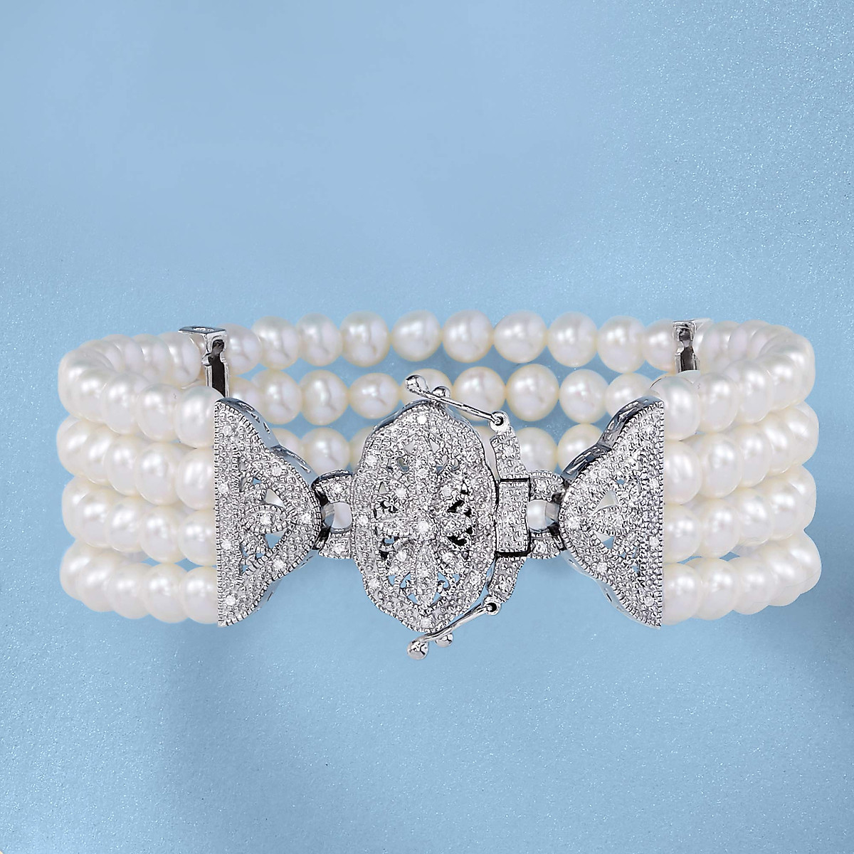 Ross-Simons 4.5-5mm Cultured Pearl and .15 ct. t.w. Diamond Multi-Strand Bracelet in Sterling Silver. 7 inches