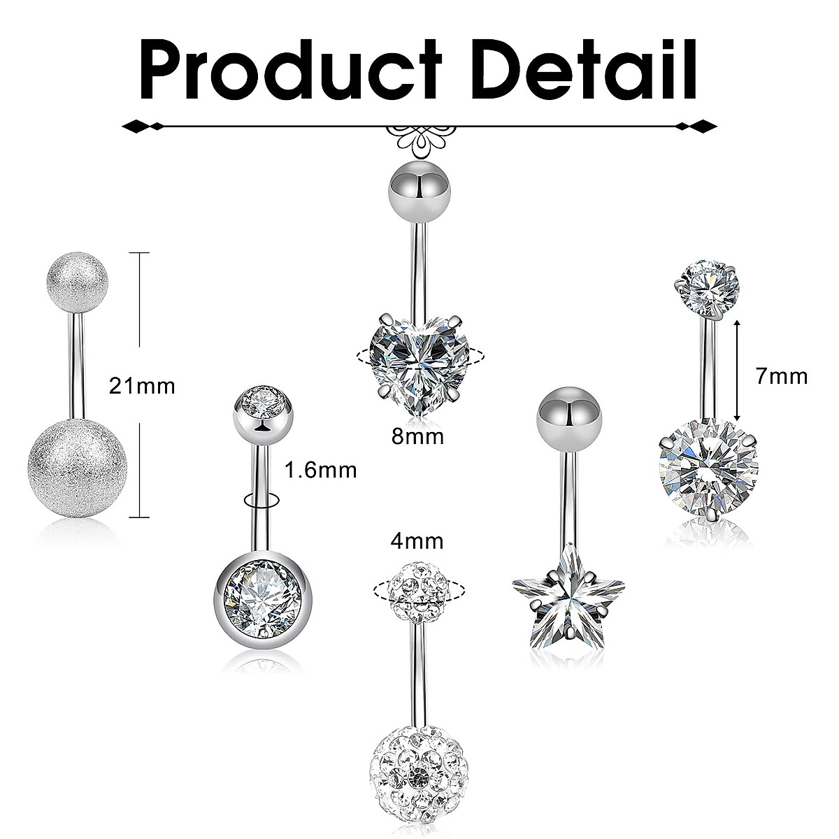 WINSENET 12PCS 14G Belly Button Rings Belly Piercing Jewelry Stainless Steel Cute Belly Rings for Women Navel Rings Piercing Jewelry with Gift Box